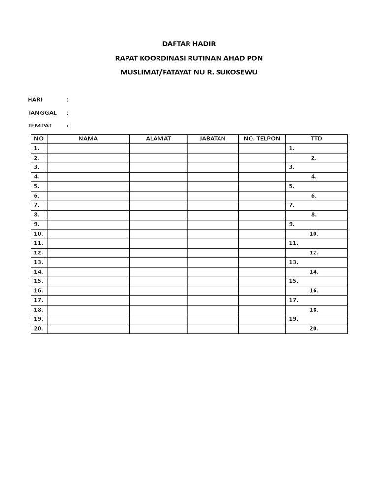 Daftar Hadir Rapat Muslimat NU | PDF