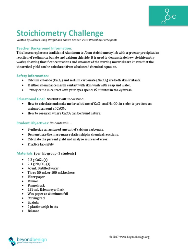 Stoichiometry Challenge | PDF | Sodium Carbonate | Chloride