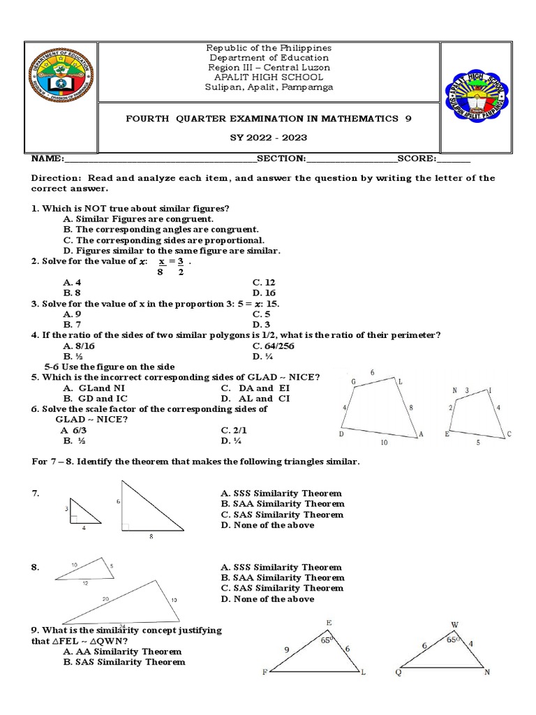 Fourth PERIODIC TEST Math 9 - 2022 2023 | PDF | Trigonometric Functions ...