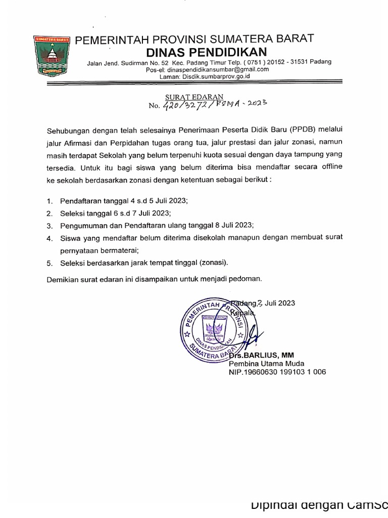 Surat Edaran Pemenuhan Daya Tampung | PDF