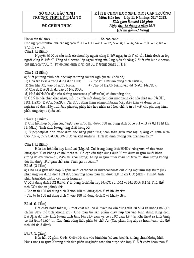 De Thi Chon HSG Hoa Hoc 11 Nam 2017 2018 Truong THPT Ly Thai To Bac Ninh | PDF