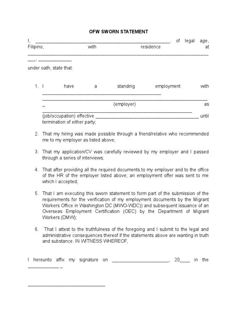 OFW SWORN STATEMENT - FINAL - 19may | PDF