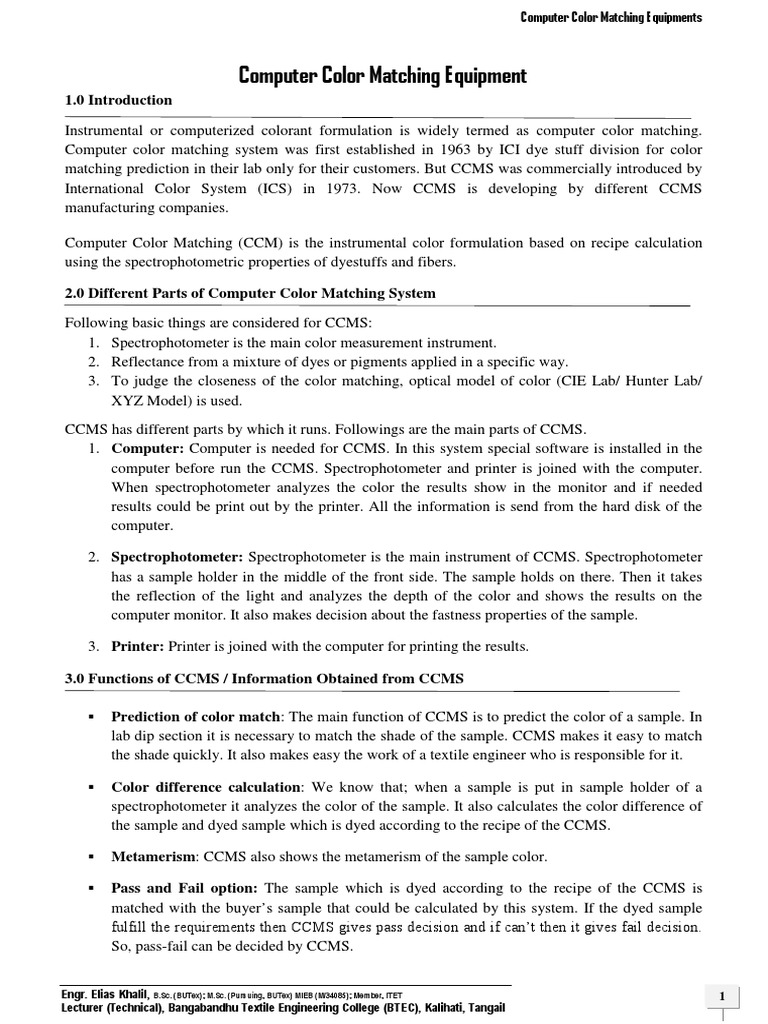Computer Color Matching Equipment EK Sheet | PDF | Spectrophotometry ...
