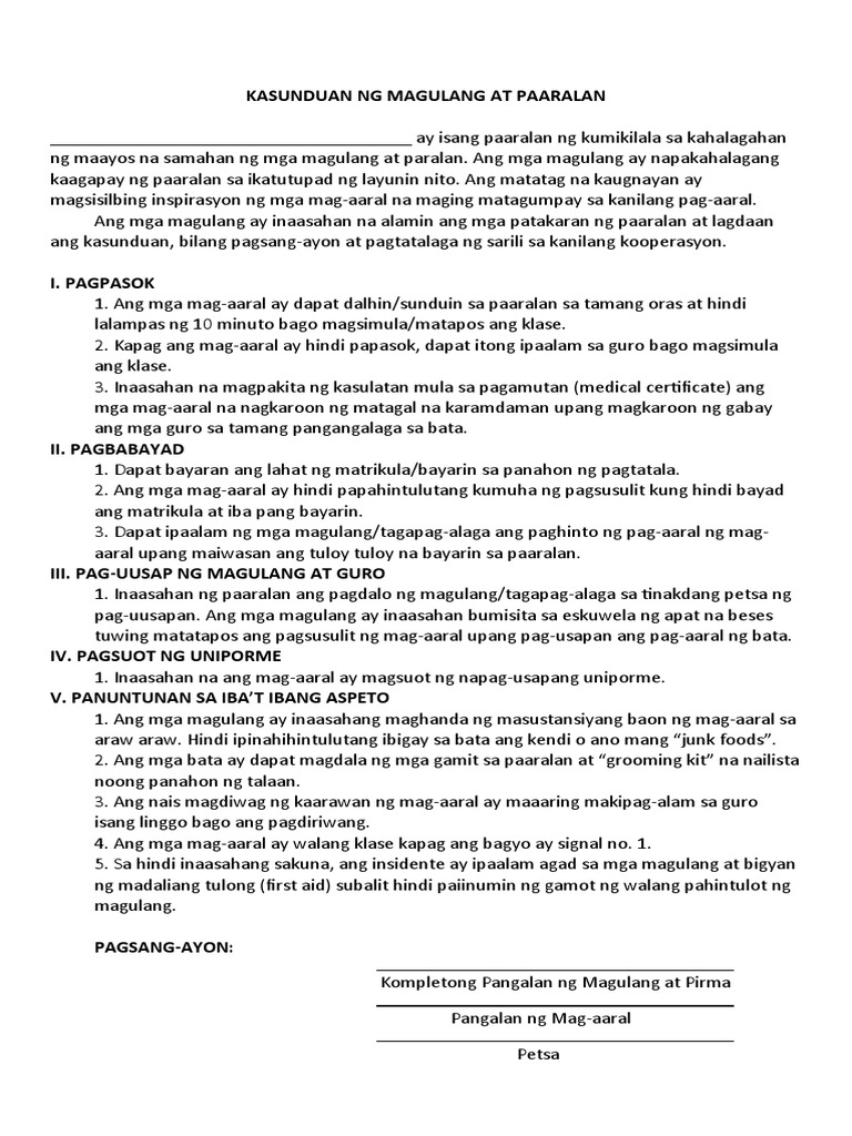 Kasunduan NG Magulang at Paaralan 2 | PDF