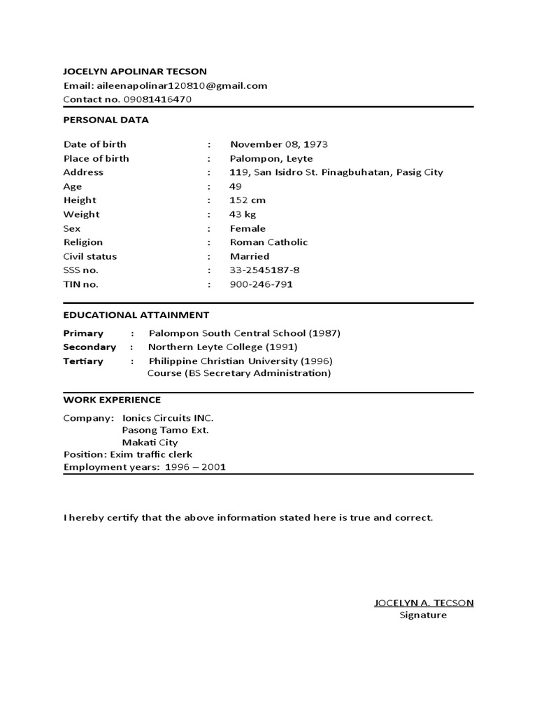 Jocelyn Apolinar Tecson Resume | PDF