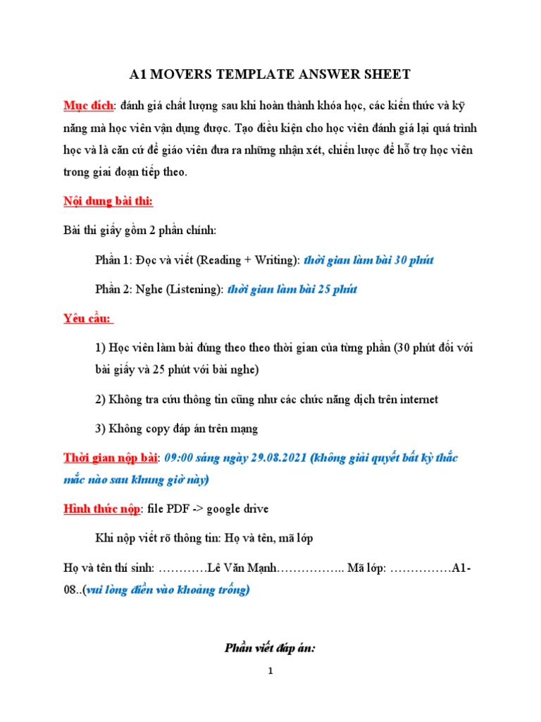 A1 - Movers Template Answer Sheet | PDF