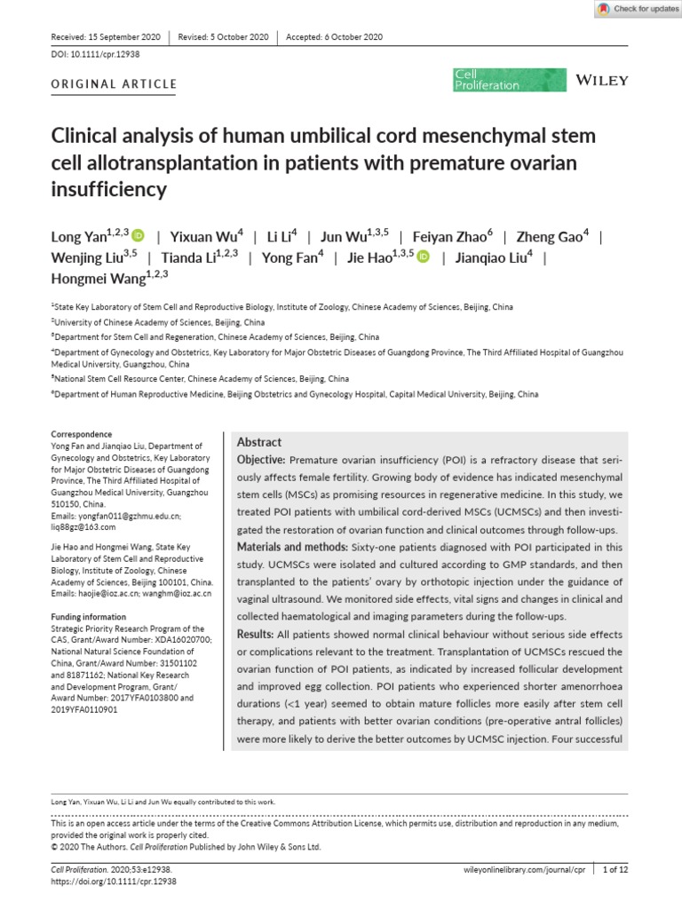 Cell Proliferation - 2020 - Yan - Clinical Analysis of Human Umbilical ...