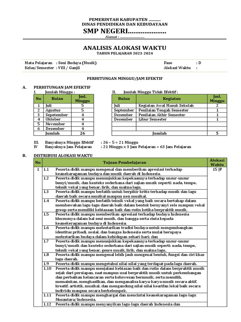 Alokasi Waktu Seni Musik Kelas VIII 2023-2024 | PDF