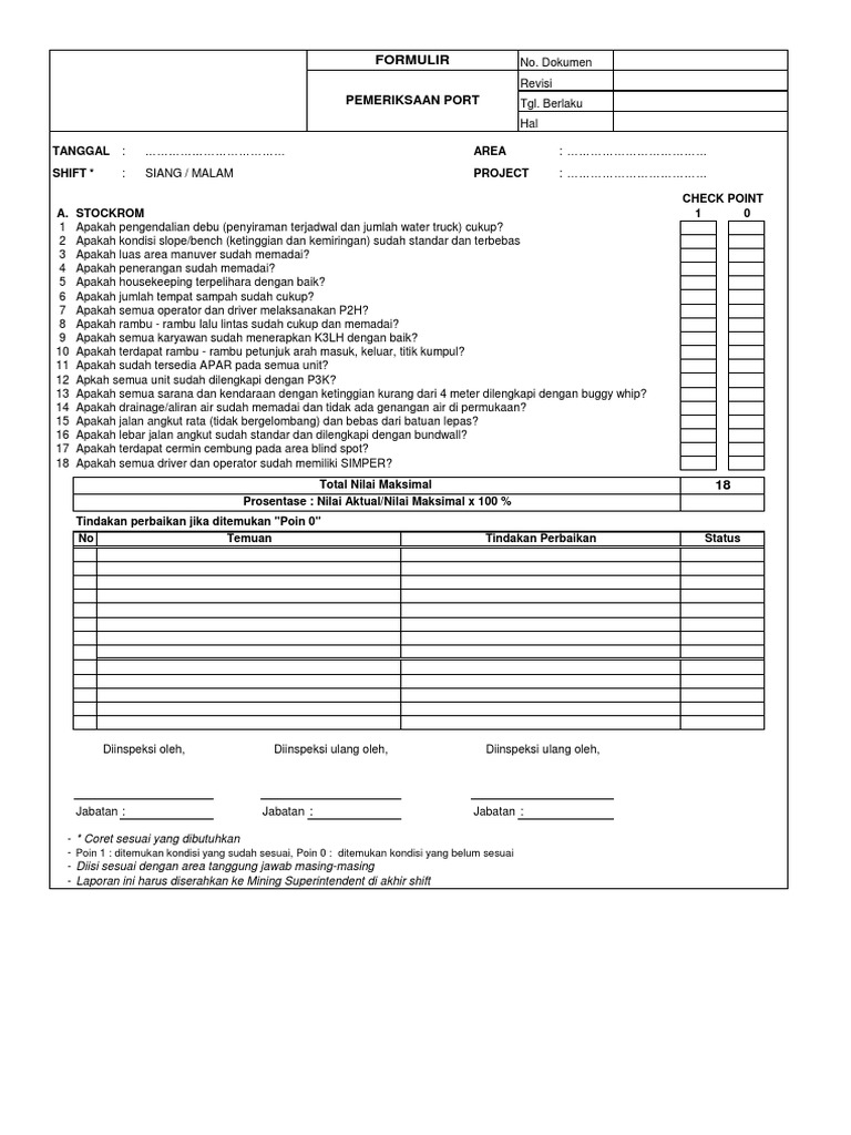 Formulir Pemeriksaan Port Shift | PDF
