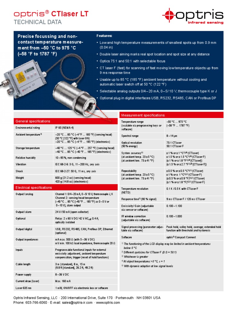 Data Sheet Optris Ctlaser LT | PDF