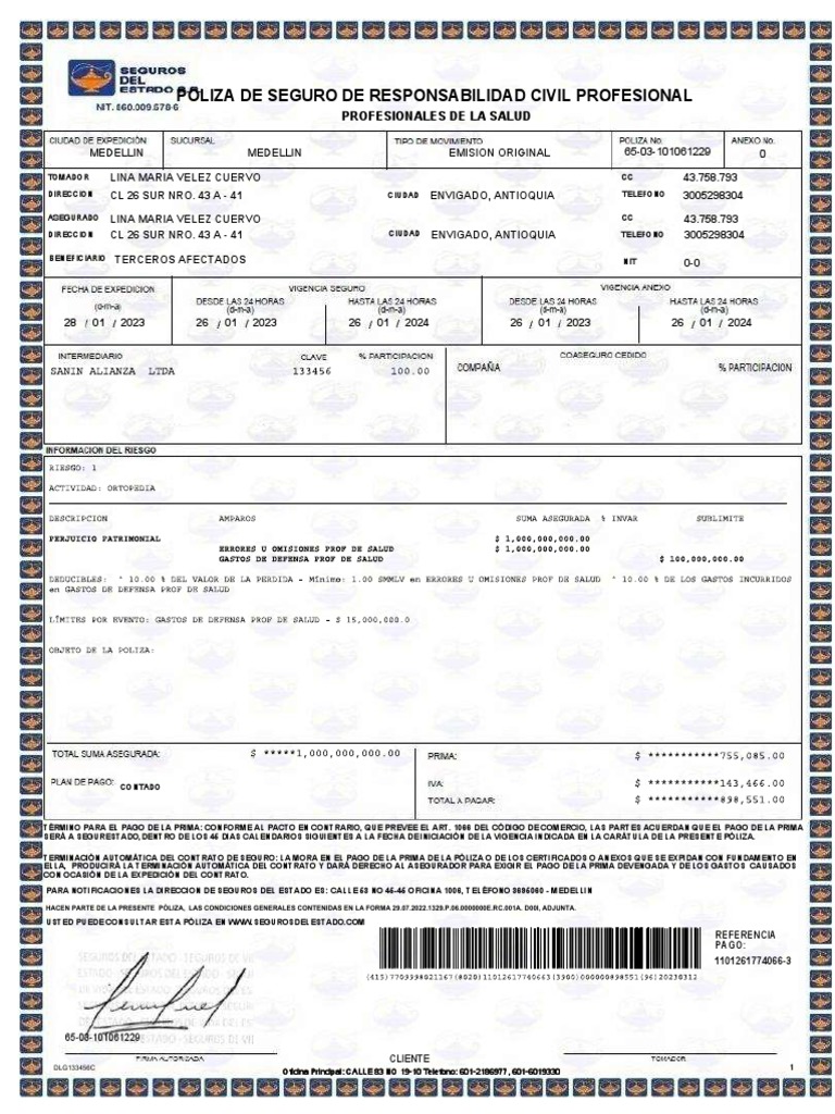 Caratula Poliza RC Medica - 101061229 - Lina Maria Velez Cuervo | PDF