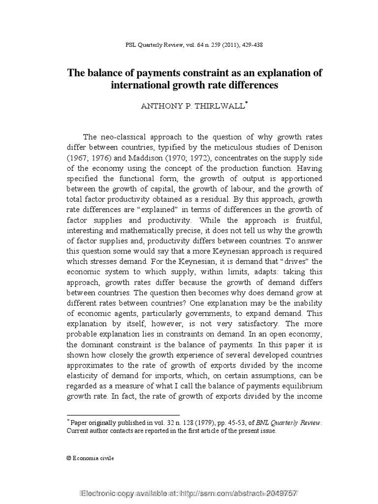 Thirlwall (1979) .The Balance of Payments Constraint | PDF | Economic Growth | Balance Of Payments