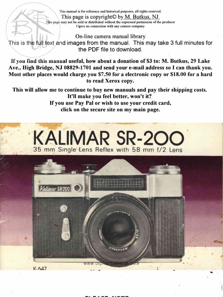 Kalimar SR200 Camera Overview | PDF