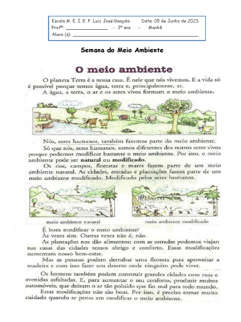 ATIVIDADES - 3º ANO - Semana Do Meio Ambiente | PDF | Ambiente natural