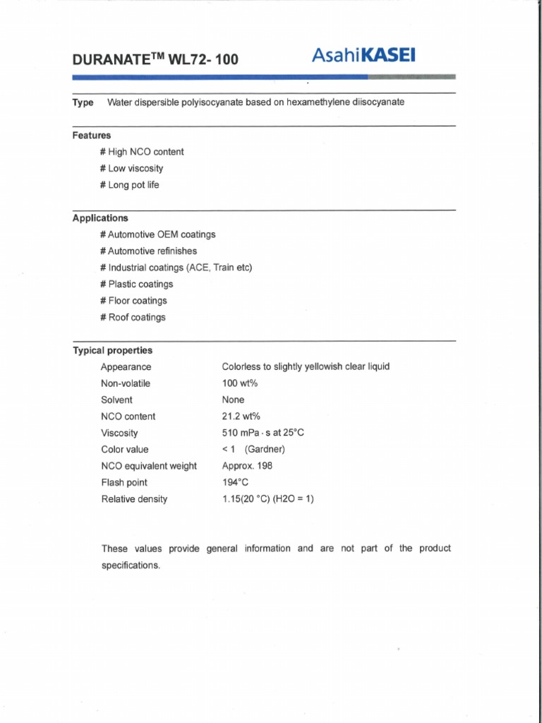 Duranate WL72-100 Product Info - Isocyanate - Asahi KASEI | PDF | Chemical Substances | Physical ...