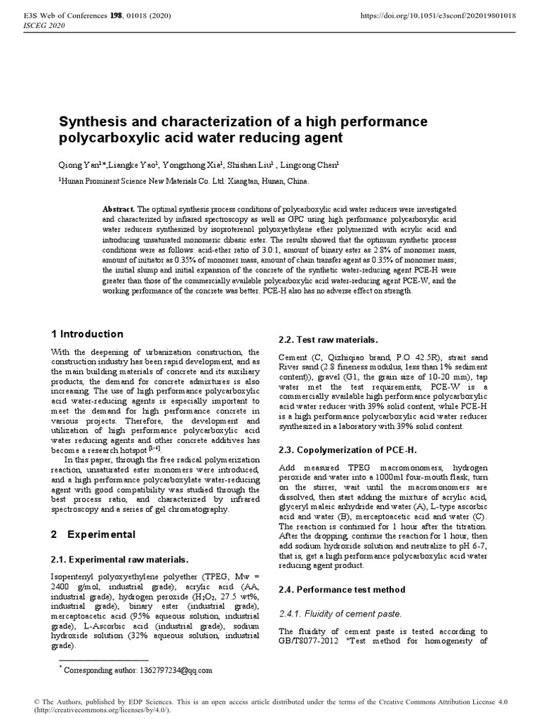 Synthesis and Characterization of A High Performance PCE Polycarboxylic ...