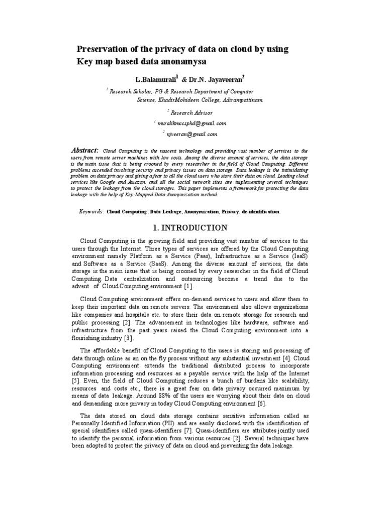 Preservation of The Privacy of Data On Cloud by Using Key Map Based Data Anonamysa | PDF | Cloud ...