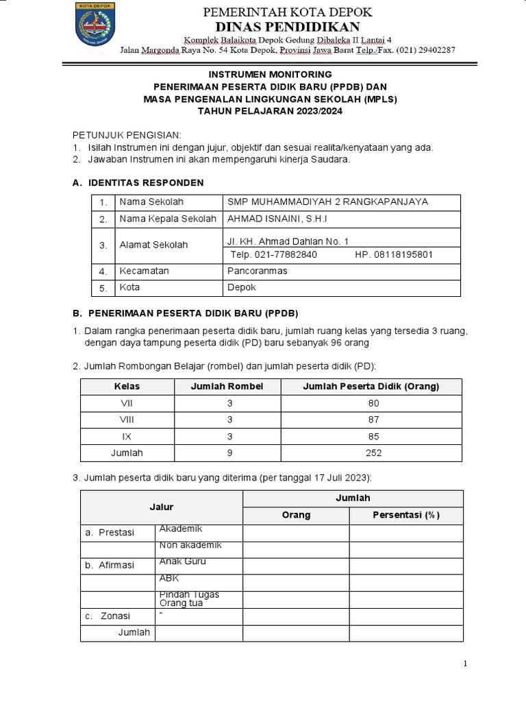 Instrumen Monev - PPDB-MPLS - 2023.2024 - e | PDF