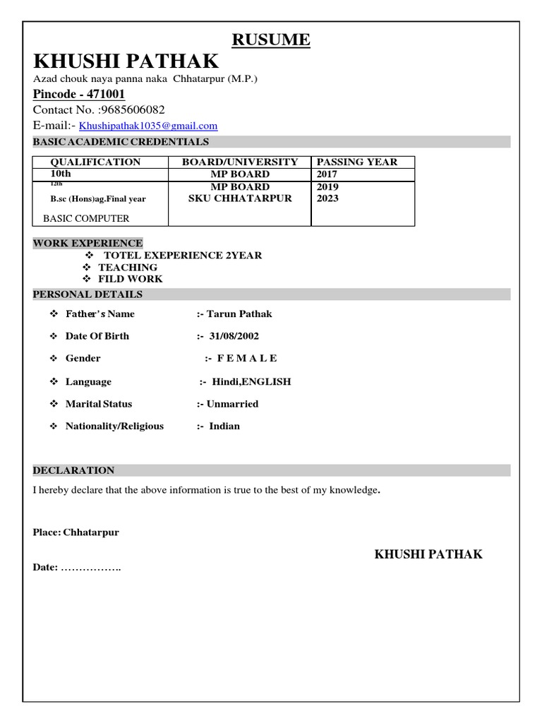 Khushi Pathak: Rusume | PDF