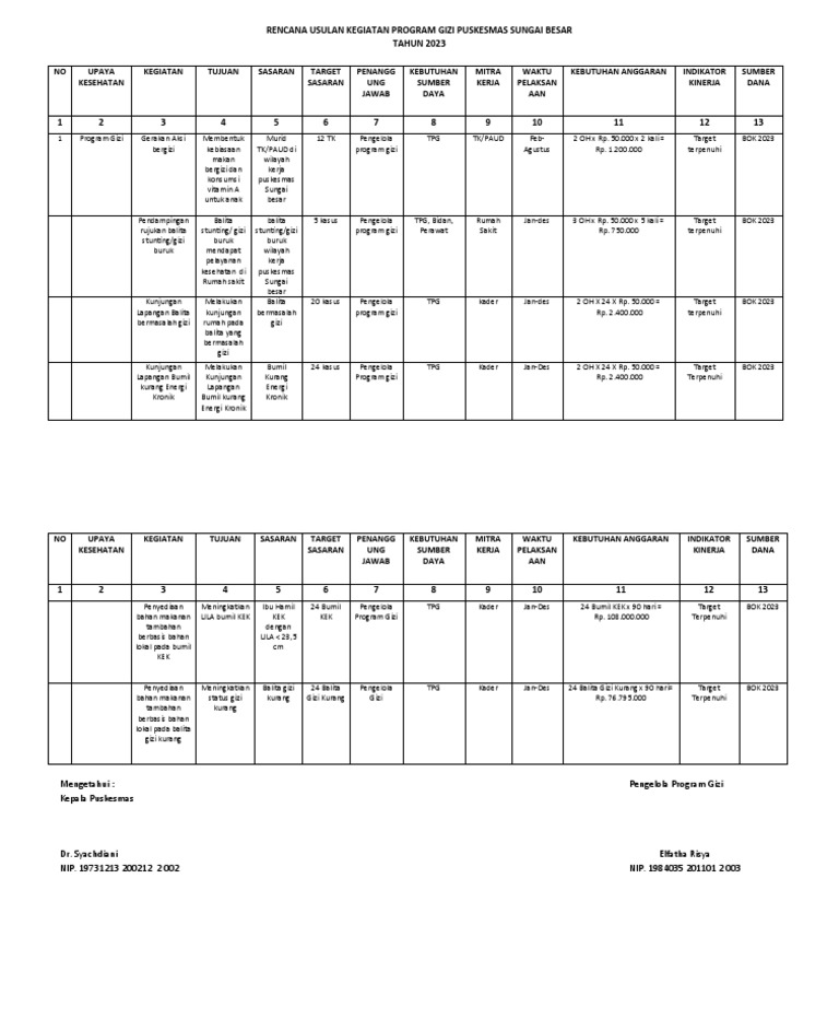 Rencana Usulan Kegiatan Program Gizi 2023 | PDF
