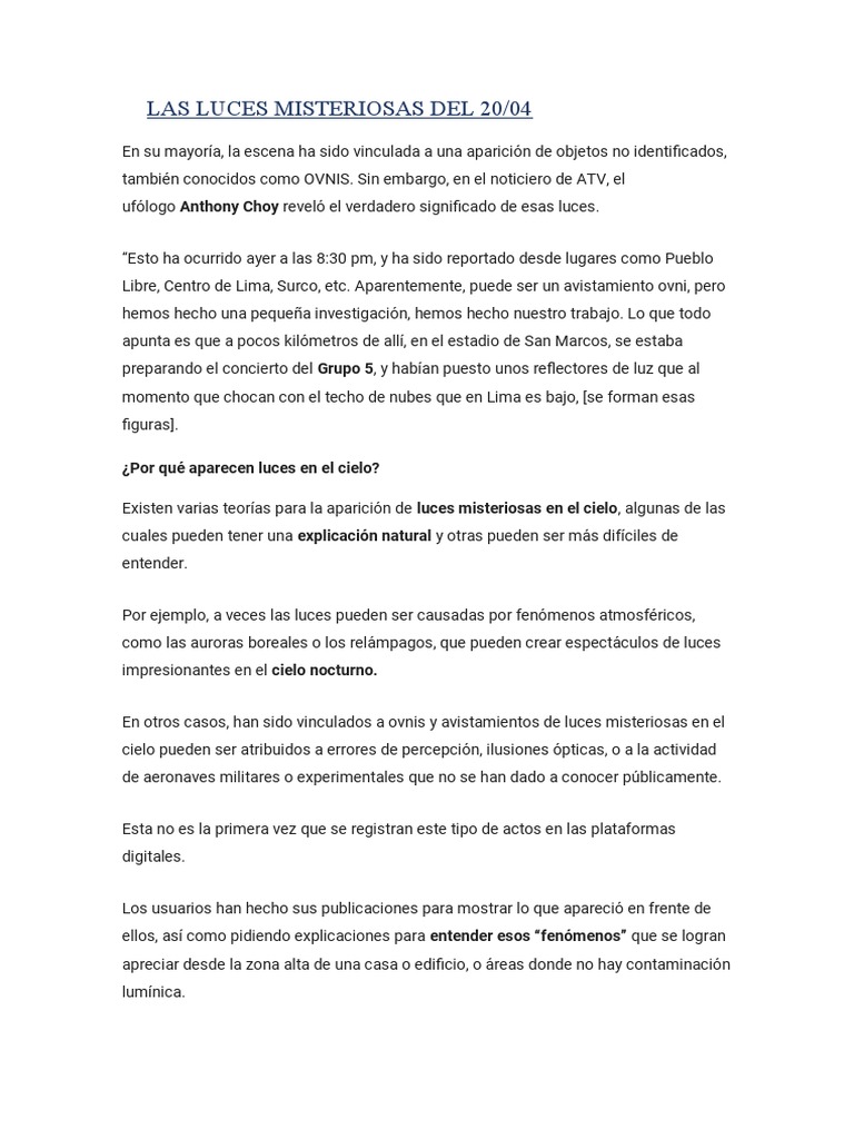 Las Luces Misteriosas Del 20 | PDF | Objeto volador no identificado | Cielo Las Luces Misteriosas Del 20 | PDF | Objeto volador no identificado | Cielo