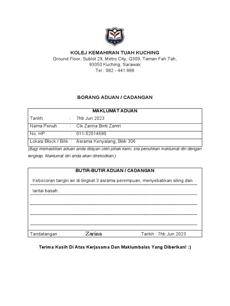 Borang Aduan Kebocoran Tangki Air Asrama | PDF