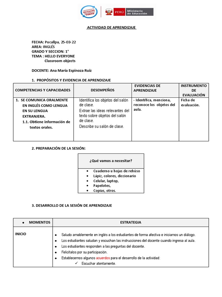 ACTIVIDAD DE APREND.1ro - HELLO EVERYONE - CLASSROOM OBJECTS 2022 | PDF ...