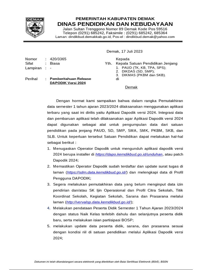 Surat - Dapodik - 2024 - Realese - Sudah TTD | PDF