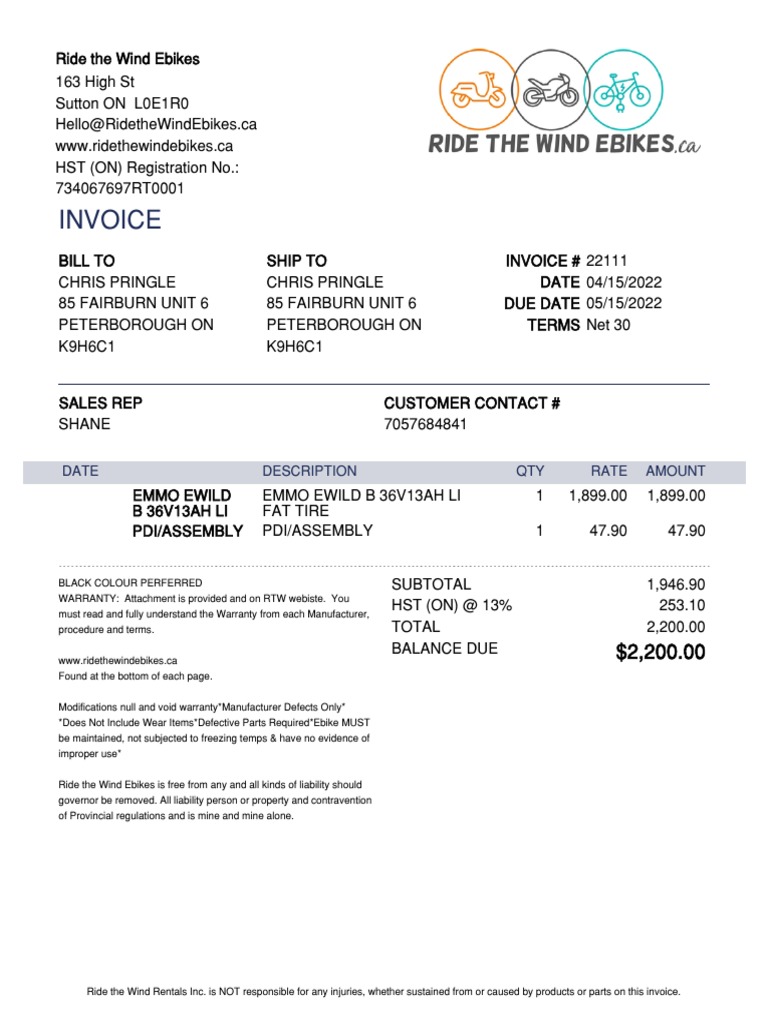 Invoice 22111 From Ride The Wind Ebikes | PDF | Private Law | Common Law