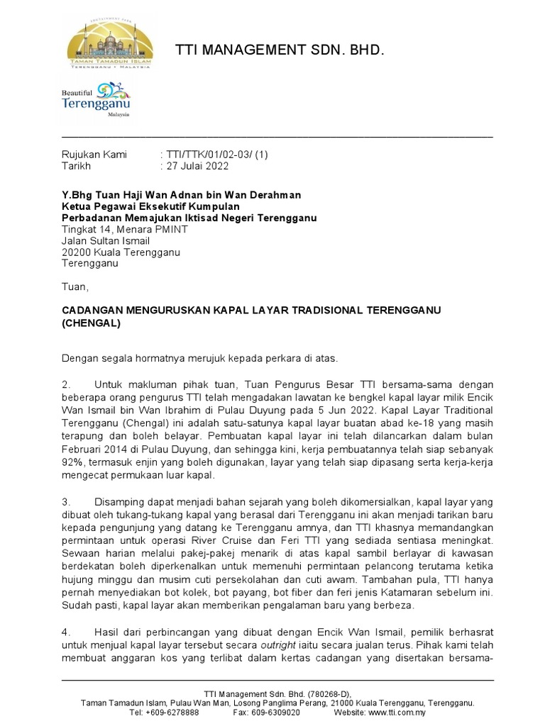 Surat Permohonan Cadangan Pengurusan Kapal Layar Kepada PMINT | PDF