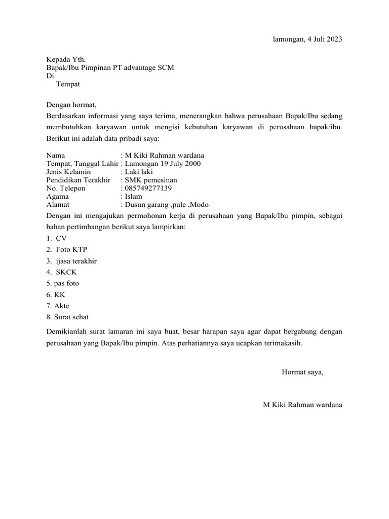 Surat Lamaran PT Advantage SCM | PDF