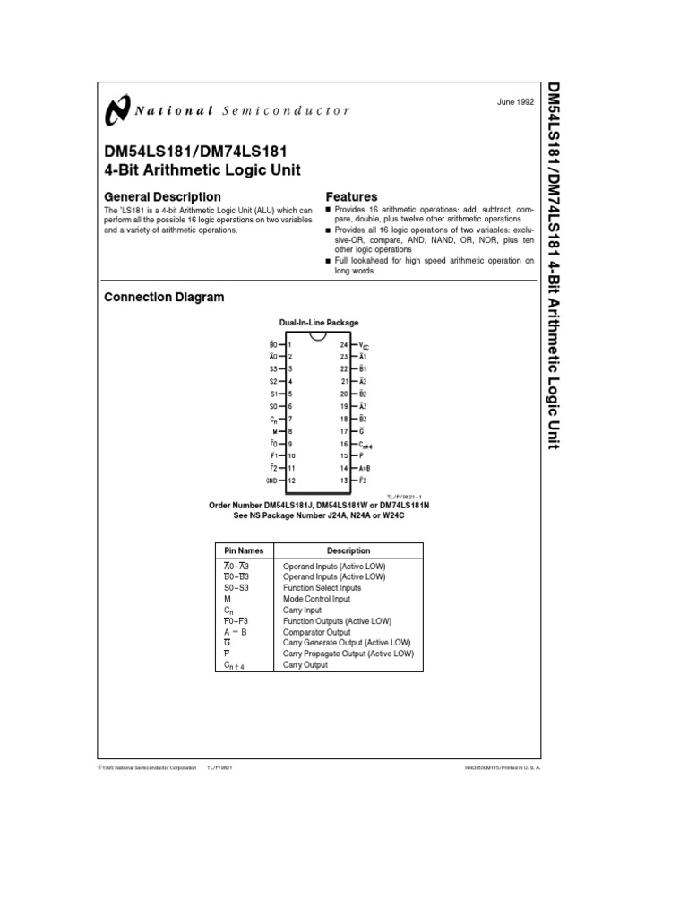 DM54LS181/DM74LS181 4-Bit Arithmetic Logic Unit: General Description Features | PDF | Logic Gate ...