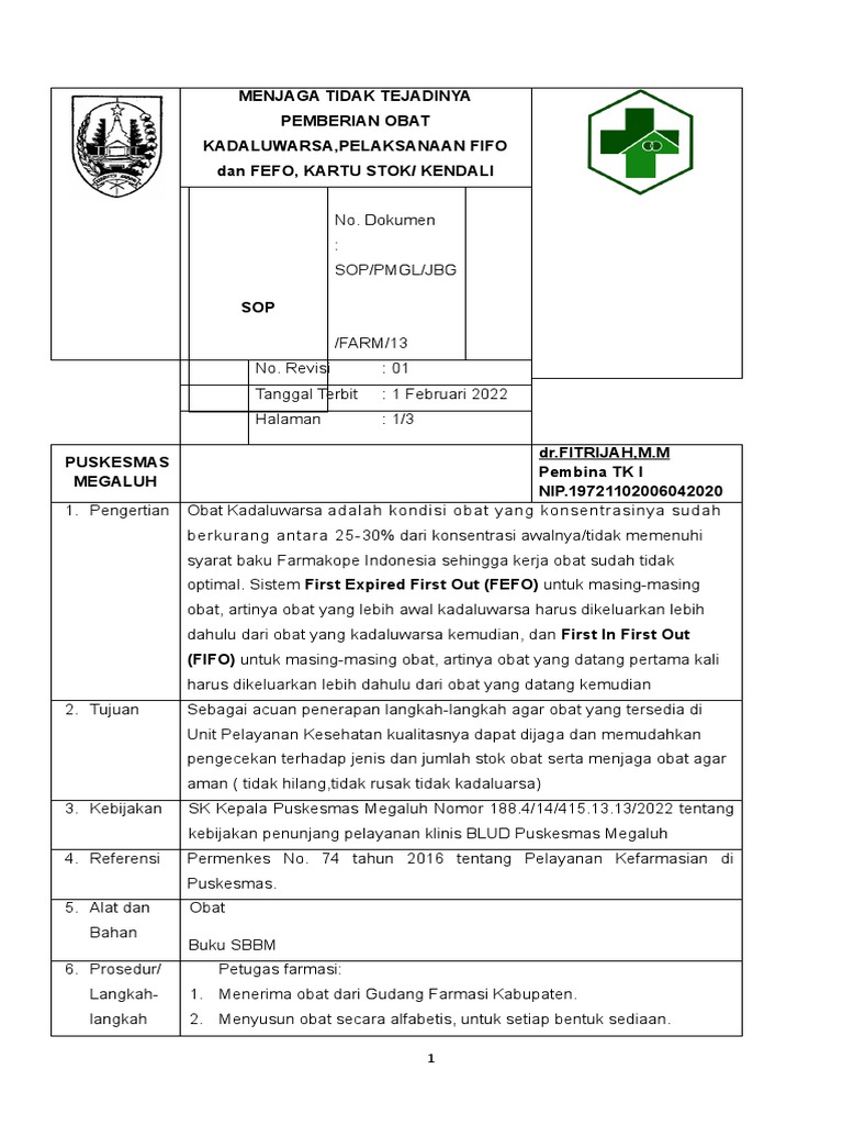 SOP MENJAGA TIDAK TEJADINYA PEMBERIAN OBAT KADALUWARSA, PELAKSANAAN ...
