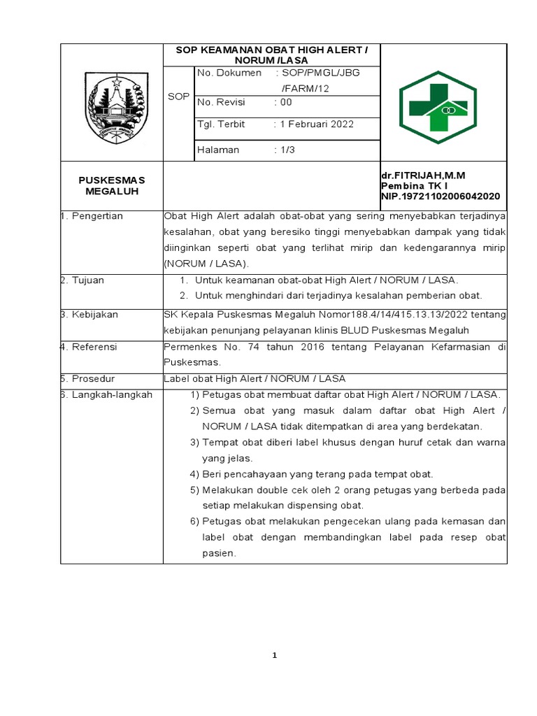5.3.3 Sop Keamanan Obat High Alert Norum Lasa | PDF