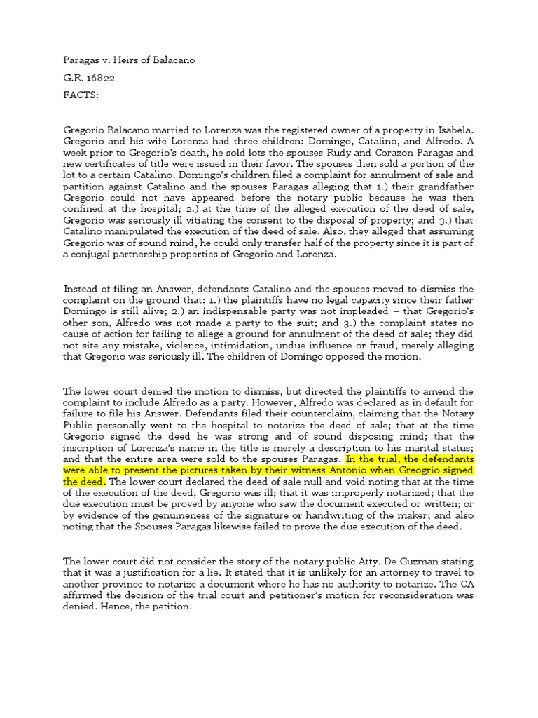 Paragas v. Heirs of Balacano | PDF | Complaint | Annulment