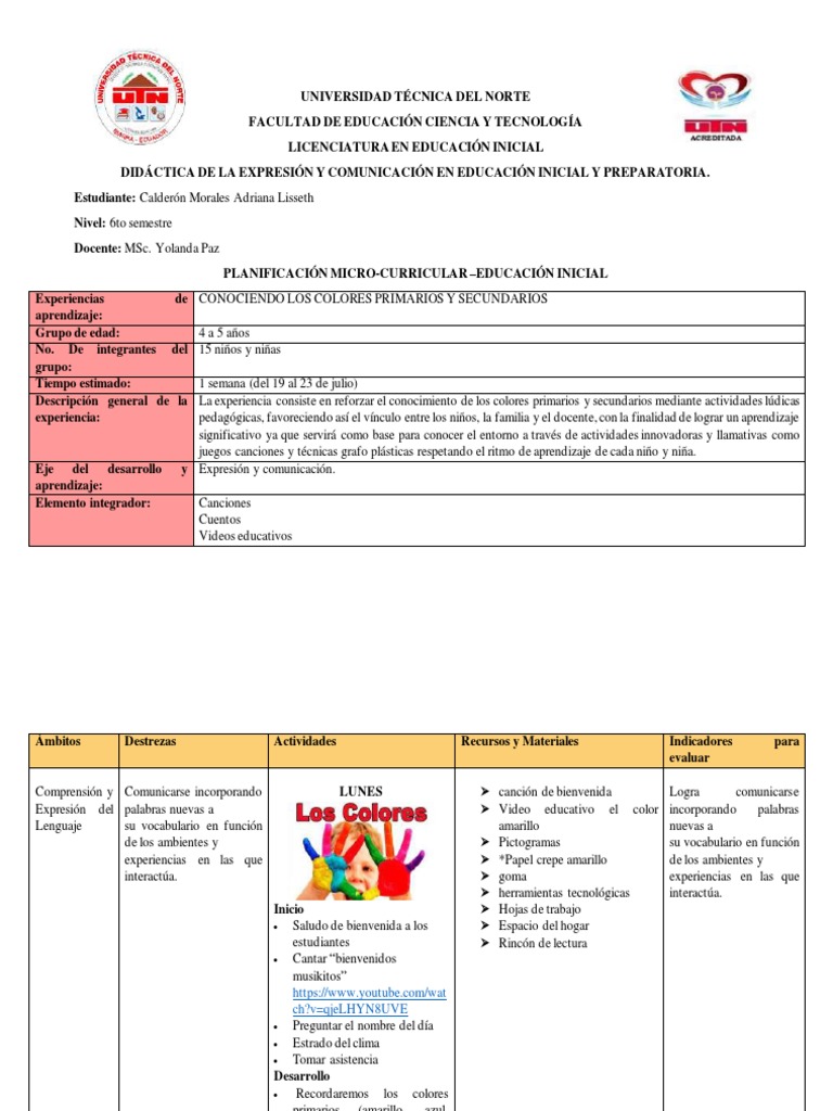 EJEMPLO DE PLANIFICACION PRIMER AÑO DE EDUCACION BASICA | PDF | Educación de la primera infancia ...