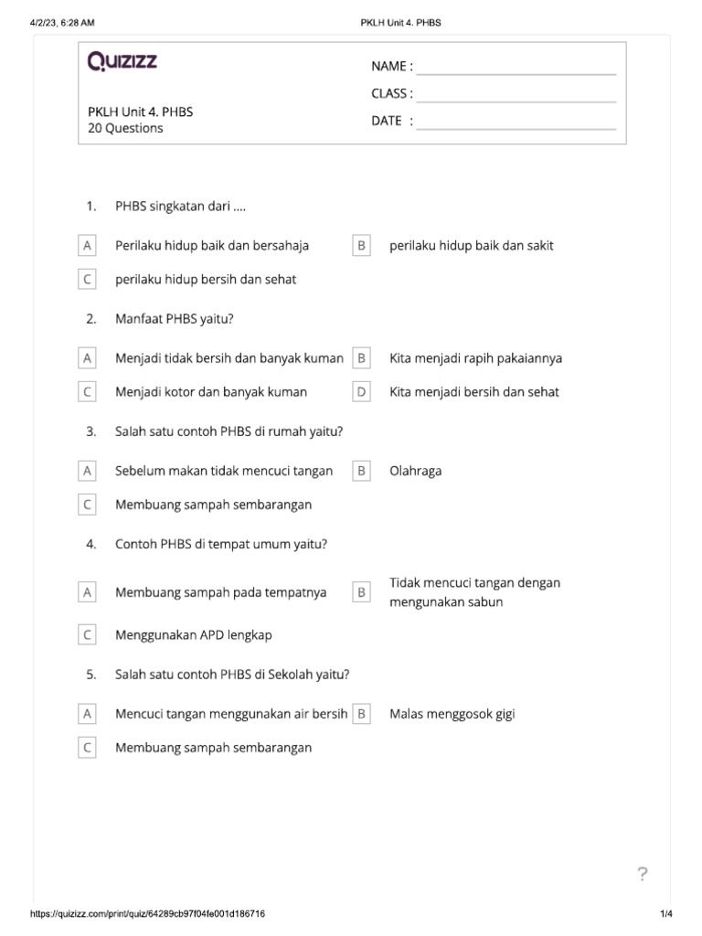 Soal Latihan PKLH Bab 4 PHBS | PDF