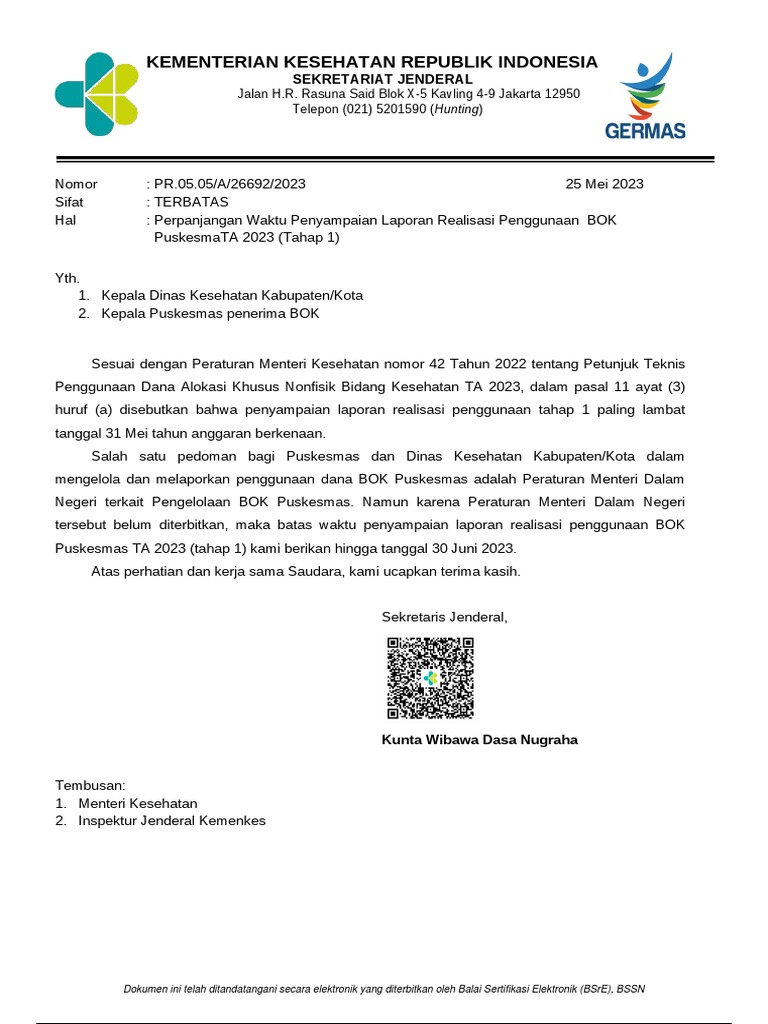 S-Sesjen Perpanjangan Waktu Penyampaian Laporan Realisasi Penggunaan BOK PuskesmaTA 2023 (Tahap ...