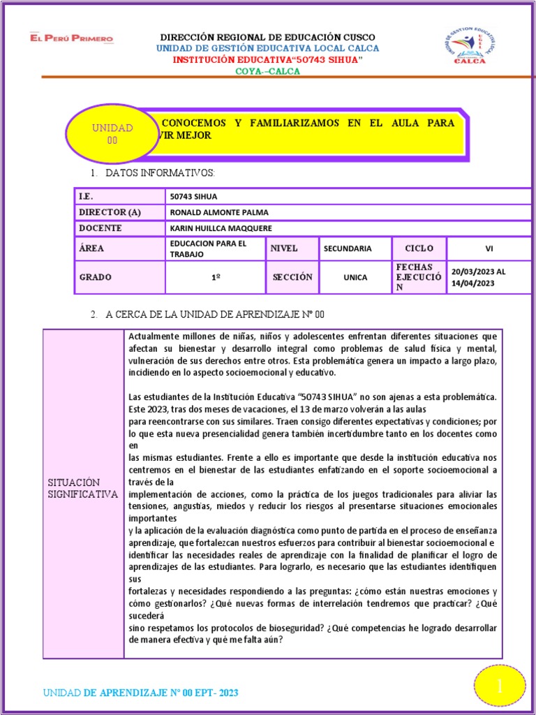 1º Sec. Unidad 00 Ept - 2023 | PDF | Aprendizaje | Evaluación