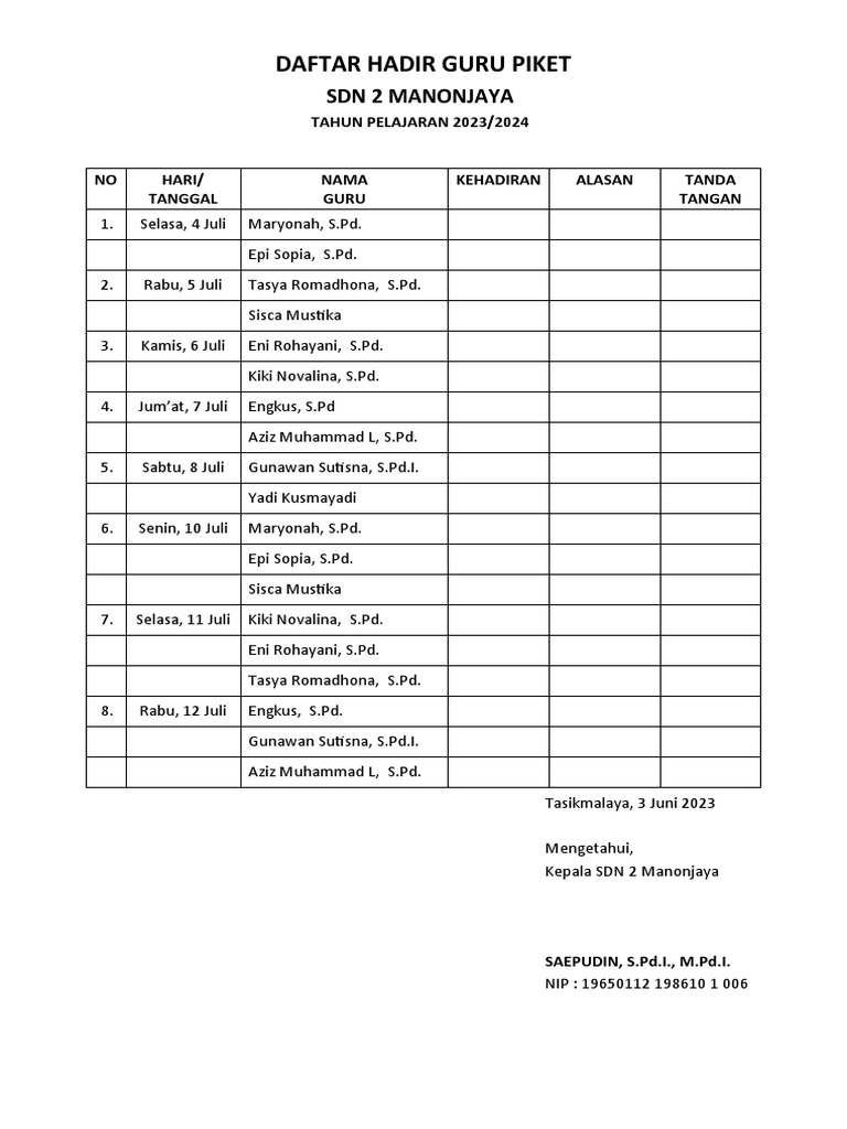 Daftar Hadir Guru Piket | PDF