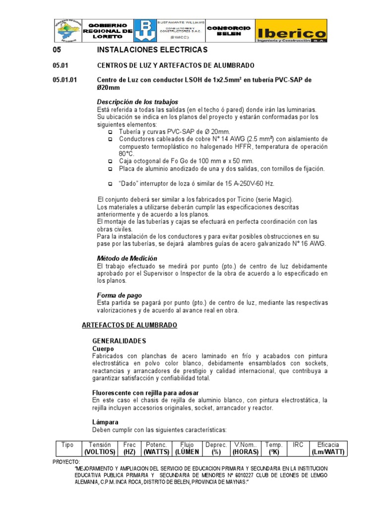 Especificaciones Tecnicas - Ins. Electricas | PDF | Aislador (Electricidad) | Cobre