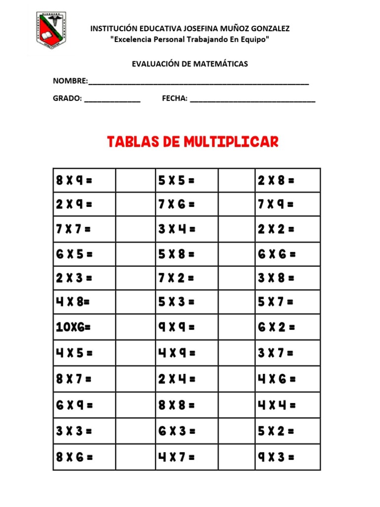 EvaluaciÓn De MatemÁticas Las Tablas De Multiplicar Pdf 4288