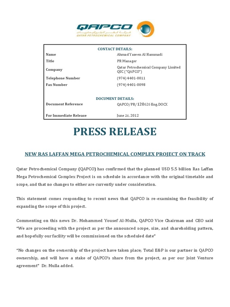 New Ras Laffan Mega Petrochemical Complex Project On Track | PDF ...