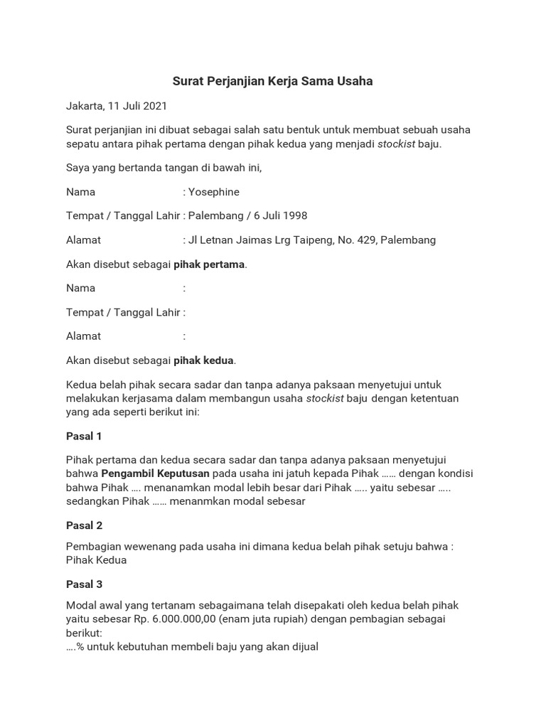 Surat Perjanjian Kerja Sama Usaha With Keke | PDF