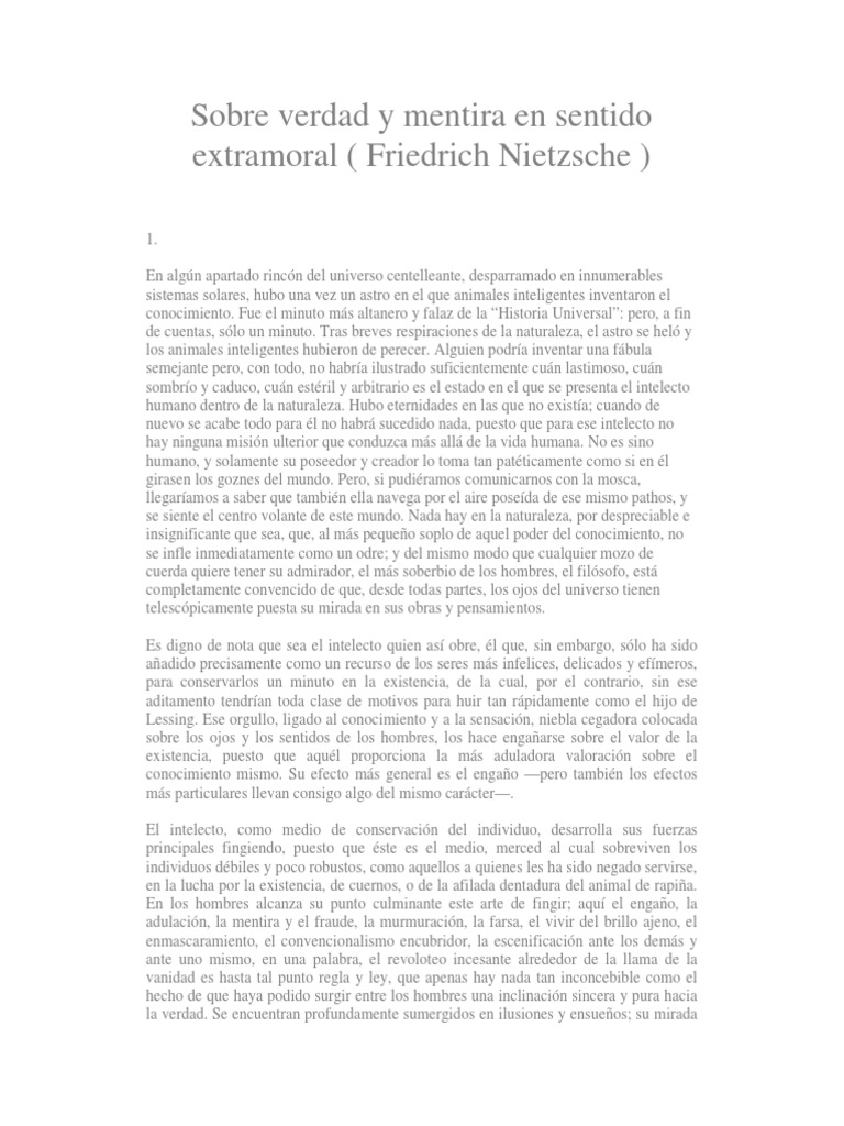 Sobre Verdad y Mentira en Sentido Extramoral (Friedrich Nietzsche) | PDF | Verdad | Esencia