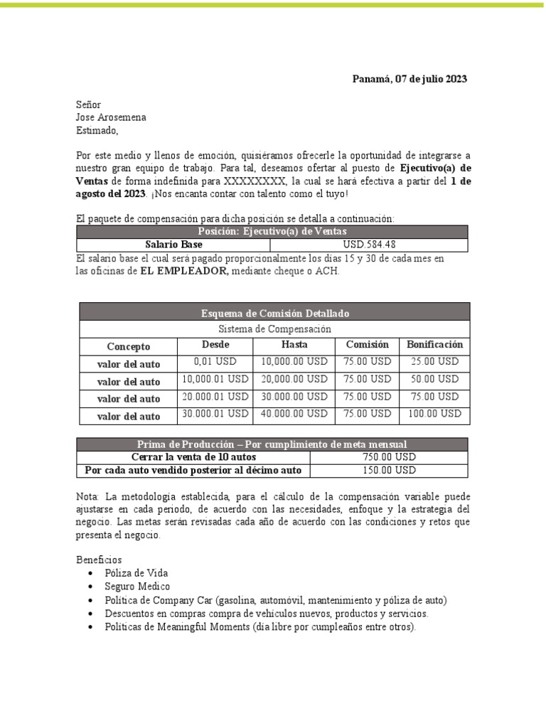 MODELO DE CARTA OFERTA EJECUTIVO DE VENTAS | PDF | Economias