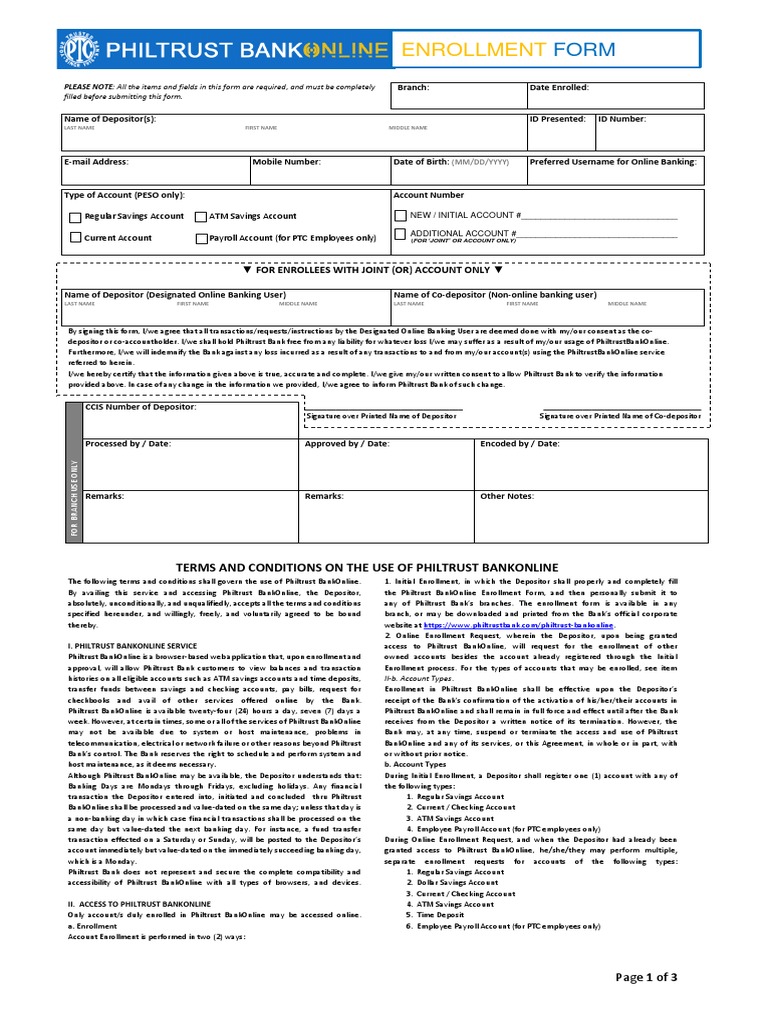 Philtrust Bank Online Enrollment Form | PDF | Deposit Account | Banks