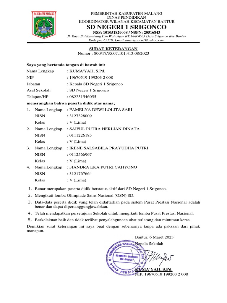 SURAT KETERANGAN SEKOLAH OSN SD Negeri 1 Srigonco | PDF