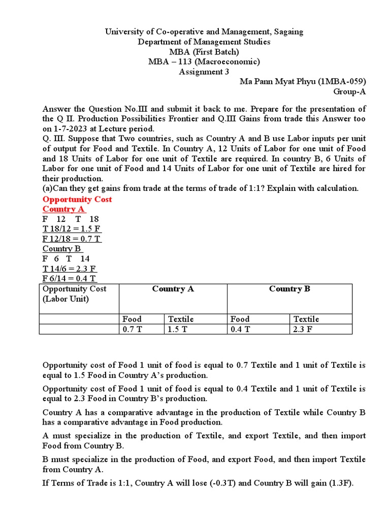 Macroeconomic Assignment 1mba059 Ma Pann Myat Phyu | PDF | Comparative Advantage | Terms Of Trade