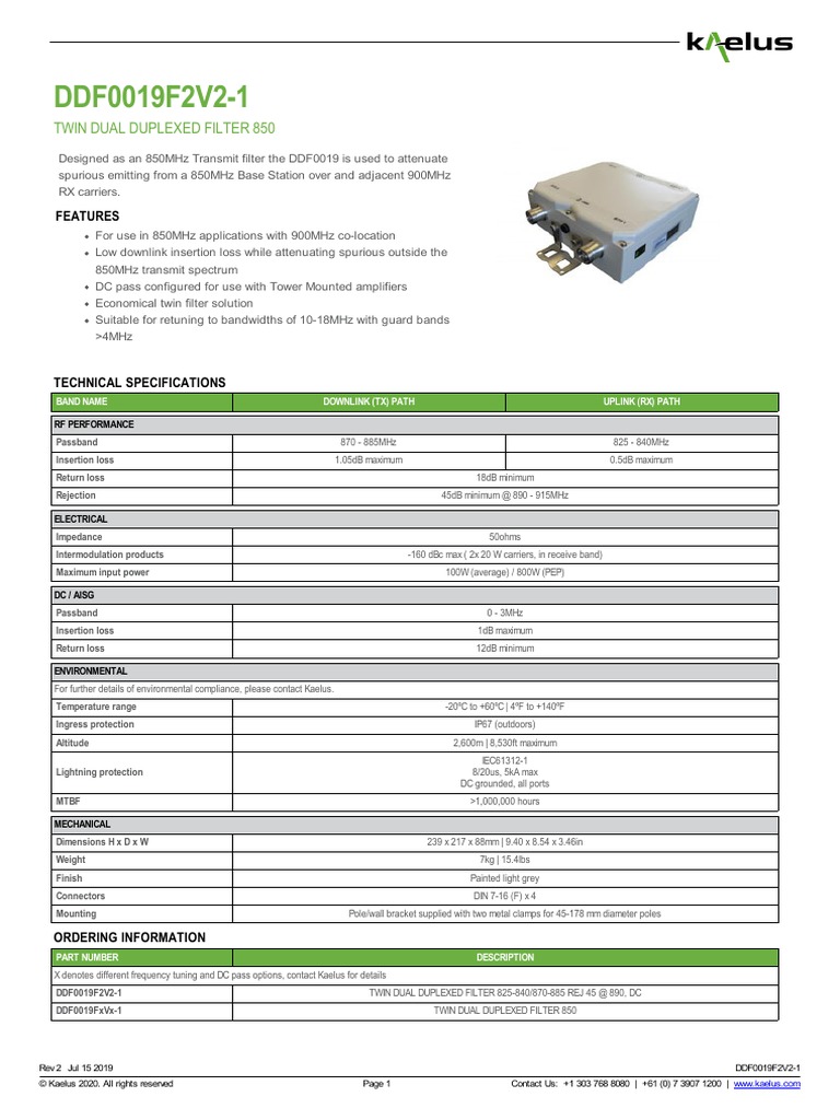 DDF0019F2V2-1 (A) Datasheet | PDF | Electronic Filter | Bandwidth ...